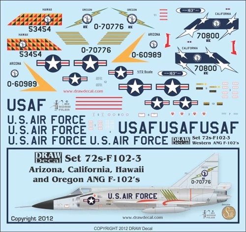 Draw Decal 72-F102-03 Convair F-102 - USAF ANG Western Units AZ, CA, HI & OR