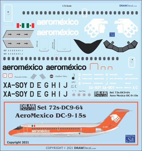 Draw Decal 72-DC9-64 Douglas DC-9-15 - AeroMexico Orange