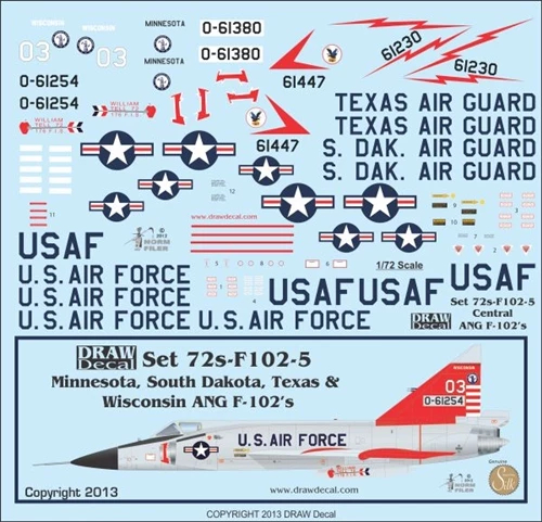 Draw Decal 72-F102-05 Convair F-102 - USAF ANG Central Units MN, SD, TX & WI