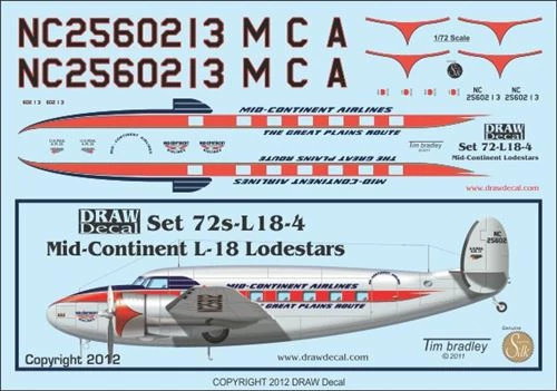 Draw Decal 72-L18-04 Lockheed L-18 Lodestar - Mid-Continent Airlines