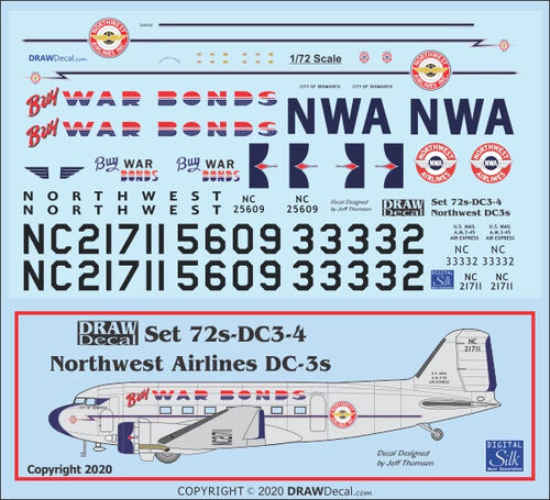 Draw Decal 72-DC3-04 Douglas DC-3 - Northwest Airlines