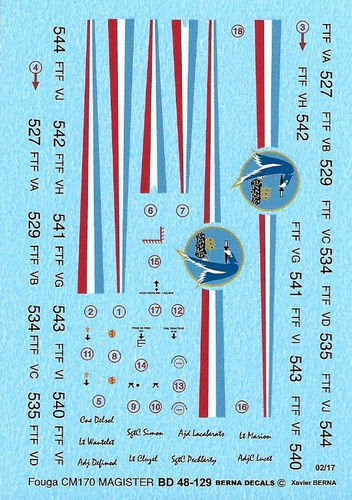Berna Decals 48129 Fouga CM.170 Magister: Patrouille de France (French Air Patrol) 1968 (9 schemes)