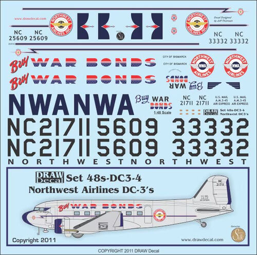 Draw Decal 48-DC3-04 Douglas DC-3 - Northwest Airlines