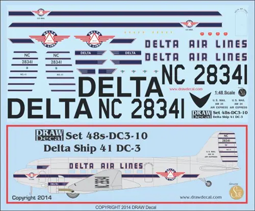 Draw Decal 48-DC3-10 Douglas DC-3 - Delta Air Lines "Ship 41"