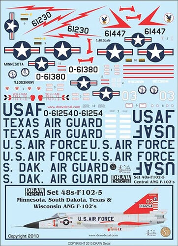 Draw Decal 48-F102-05 Convair F-102 - USAF ANG Central Units MN, SD, TX & WI