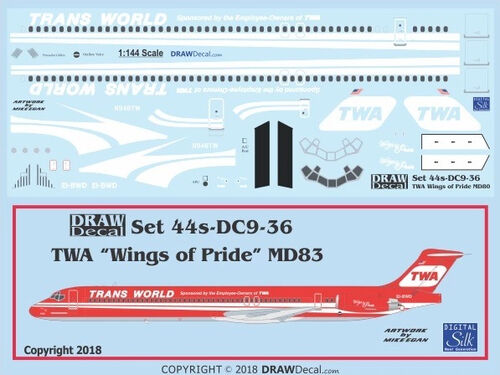 Draw Decal 44-DC9-36 McDonnell Douglas MD-83 - Trans World Airlines (TWA) "Wings of Pride"