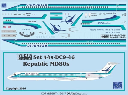 Draw Decal 44-DC9-46 McDonnell Douglas MD-80 - Republic Airlines