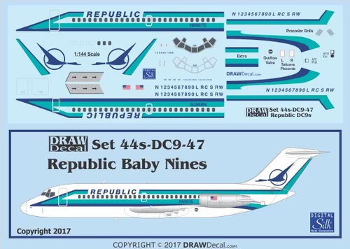 Draw Decal 44-DC9-47 Douglas DC-9-14/15 - Republic Airlines "Baby 9's"