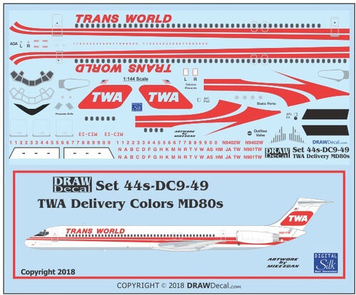 Draw Decal 44-DC9-49 McDonnell Douglas MD-80 - TWA Delivery Colors