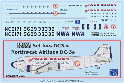 Draw Decal 44-DC3-04 Douglas DC-3 - Northwest Airlines