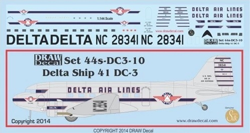 Draw Decal 44-DC3-10 Douglas DC-3 - Delta Air Lines "Ship 41"
