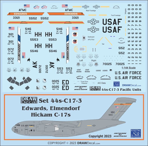 Draw Decal 44-C17-03 Boeing C-17 Globemaster III - Pacific Units (Hickam AFB, Elemendorf AFB and Edwards AFB)