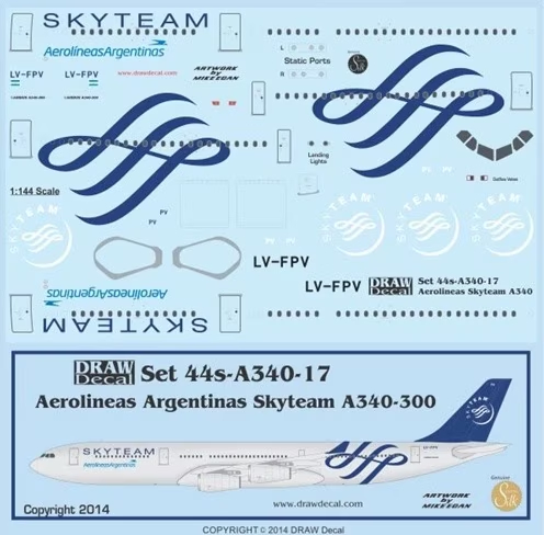 Draw Decal 44-A340-17 Airbus A340-300 - Aerolineas Argentinas Skyteam