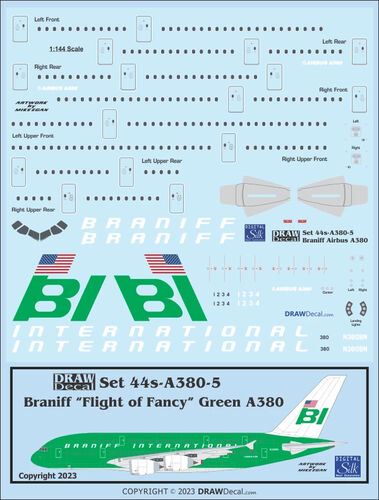 Draw Decal 44-A380-05 Airbus A380 - Braniff International “Green” Flight of Fancy