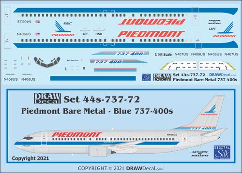 Draw Decal 44-737-72 Boeing 737-400 - Piedmont Bare Metal - Blue