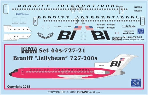 Draw Decal 44-727-21 Boeing 727-200 - Braniff ("Jelly Bean" Scheme)