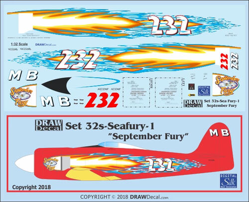 Draw Decal 32-SEAFURY-01 Hawker Sea Fury - "September Fury" Unlimited Racer