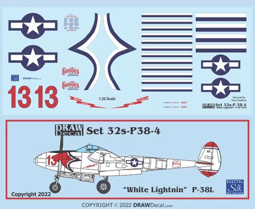 Draw Decal 32-P38-04 Lockhed P-38 L - "White Lightning" (N25Y)