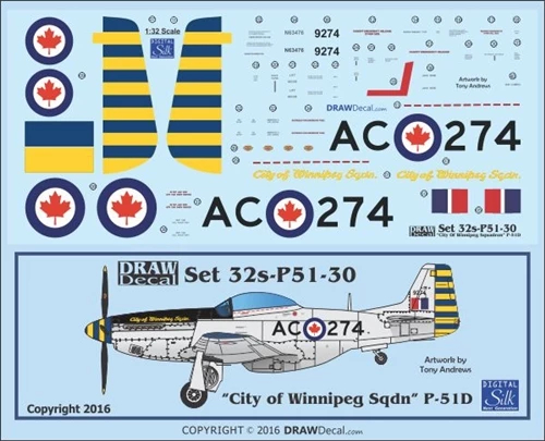 Draw Decal 32-P51-30 North American P-51 D - "City of Winnipeg Squadron" Gathering of Mustangs and Legends