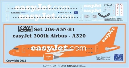 Draw Decal 20-A3N-81 Airbus A320 - easyJet 200th Airbus A-320 (G-EZUI / Reverse Colors)