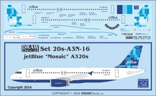 Draw Decal 20-A3N-16 Airbus A320 - jetBlue ("Mosaic" Scheme)