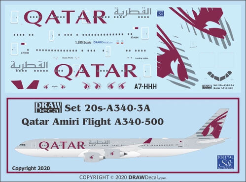 Draw Decal 20-A340-03A Airbus A340-500 - Qatar Amiri Flight (Large Titles and Tail Logo)