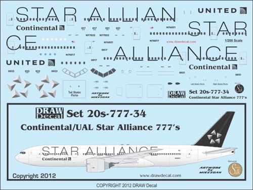 Draw Decal 20-777-34 Boeing 777-224ER - Continental / United Star Alliance