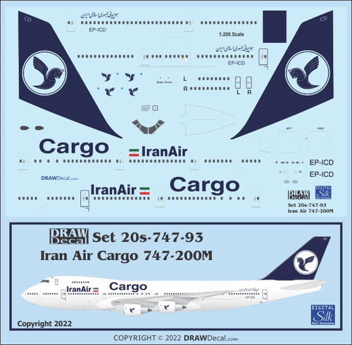 Draw Decal 20-747-93 Boeing 747-200M - Iran Air Cargo