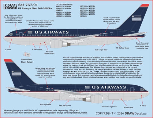 Draw Decal 10-767-91 Boeing 767-200s - US Airways Dark Blue