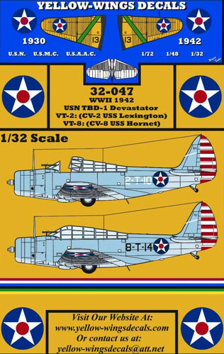 Yellow Wings 32047 Early WWII US Navy Douglas TBD-1 Devastator - VT-2 USS Lexington and VT-8 USS Hornet