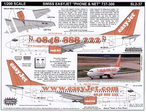 Scaleliners SL2-37 Boeing 737-300 - EasyJet HB-IIB Web site and Swiss Phone Number combo