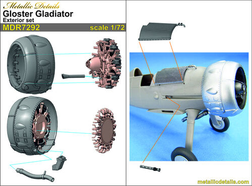 Metallic Details MDR7292 Gloster Gladiator - 3D-printed Exterior Set - Cowling, Engine, Exhausts, Radiator, Wheels etc