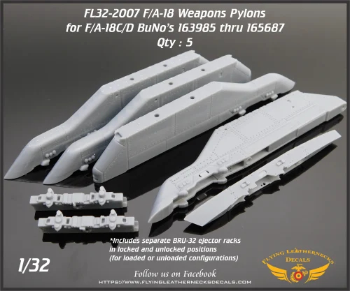Flying Leathernecks 32-2007 1005/1033 Pylons for F/A-18 C/D BuNo's 163985 thru 165532 (3D-Printed)