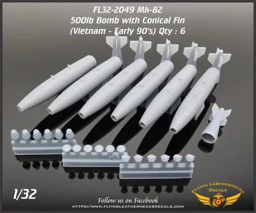 Flying Leathernecks 32-2049 Mk-82 500lb bomb with conical fins (from Vietnam War to Desert Storm) - 3D-Printed (6 pcs)