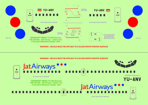 Aircraft In Miniature Ltd TWL7207304 Boeing 737-300 - JAT Airways Decal Set