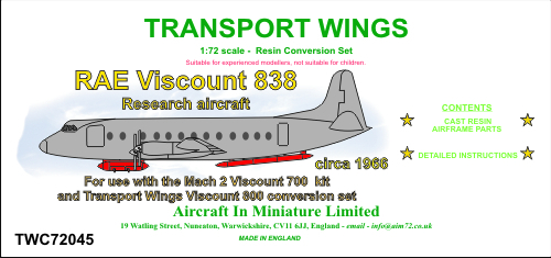 Aircraft In Miniature Ltd TWC72045 RAE Vickers Viscount 838 - Infra Red and SLAR Pods (for Mach 2 Vickers Viscount 700 kits)