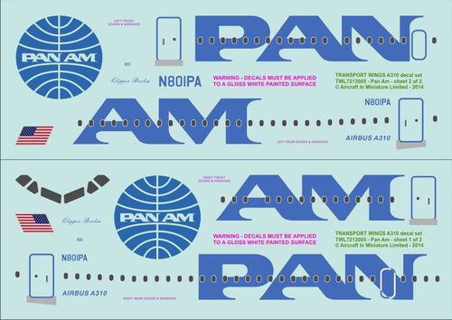 Aircraft In Miniature Ltd TWL7213005 Airbus A310 - Pan Am Decal Set