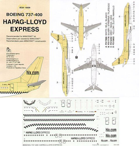 BOA Decals 14409 Boeing 737-400 - HAPAG-LLOYD EXPRESS D-AHLL (yellow 2003 scheme) (for Minicraft kits)