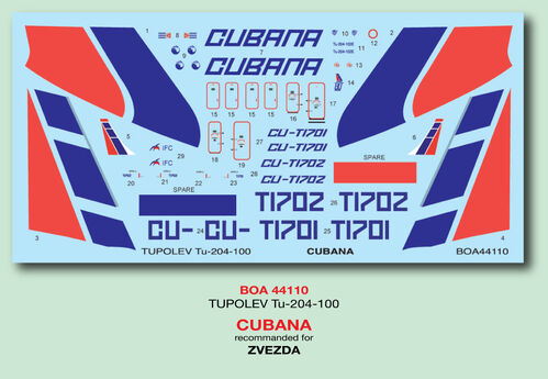 BOA Decals 144110 Tupolev Tu-204-100 Cubana (designed to be used with Zvezda kits)