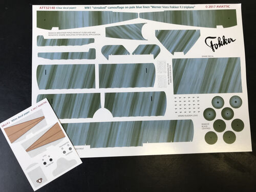 Aviattic ATT32140 'Werner Voss Fokker F.I' - WW1 'streaked' Camouflage pale blue doped linen + interior (clear decal paper)