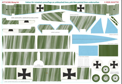 Aviattic ATT32306 Fokker Dr.I - streaked camouflage on unbleached linen / pale blue painted linen undersurfaces (for Meng kits)