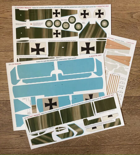 Aviattic ATT24017 Fokker Dr.I streaked camouflage on unbleached linen, pale blue painted linen undersurfaces "aged varnish" (B) (for Meng kits)