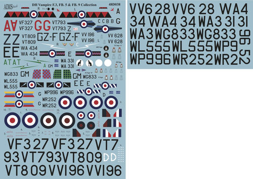 Aims 48D038 de Havilland Vampire F.3 / FB.5 & FB.9 Collection (11 schemes)