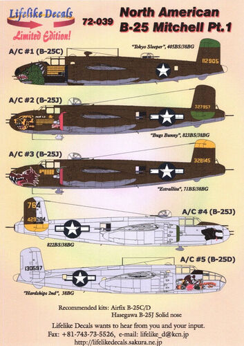 Lifelike Decals 72039 North American B-25 Mitchell Part 1 (5 schemes)