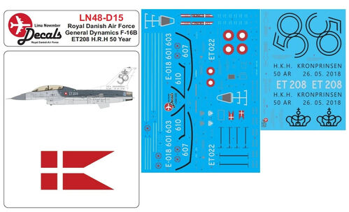 Lima November Decals 48-D15 Royal Danish Air Force General-Dynamics F-16 B - ET208 H.K.H. Kronprinsen 50 Years Scheme