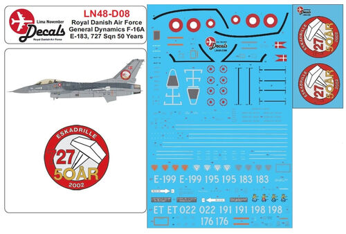 Lima November Decals 48-D08 Royal Danish Air Force General-Dynamics F-16 A - 727th Eskadrille 50 Years Scheme