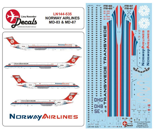 Lima November Decals 144-535 McDonnell-Douglas MD-83 SE-OHB and MD-87 SE-OHG Norway Airlines/Transwede Decals