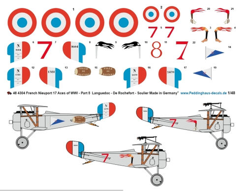 Peddinghaus-Decals 4304 French Nieuport 17 Aces of WWI - Part 5 (Languedoc - De Rochefort - Soulier)