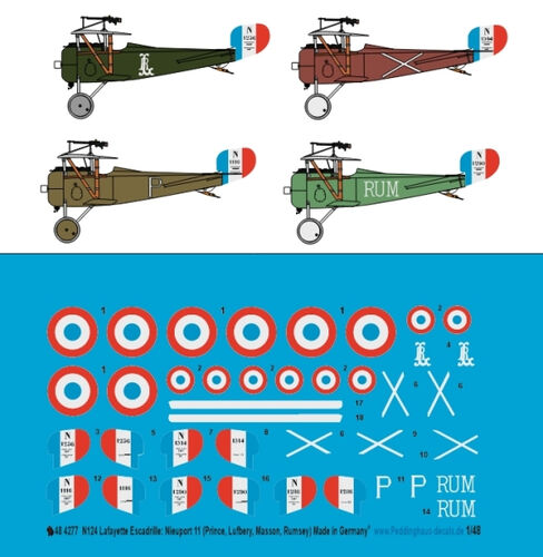 Peddinghaus-Decals 4277 No 124 Lafayette Escadrille: Nieuport 11 (Prince, Lufbery and Masson- Rumsay)
