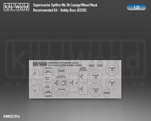 Kits World M321016 Supermarine Spitfire Mk.Vb - Canopy and Wheel Masks (designed to be used with Hobby Boss kits)